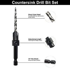 GMTOOLS Countersink Drill Bit Set, 5Pcs Tapered Drill Bits M2 HSS, with 1/4" Hex Shank Quick Change and Allen Wrench, Counter Sinker Set for Woodworking and Carpentry, Pilot Screw Hole Set