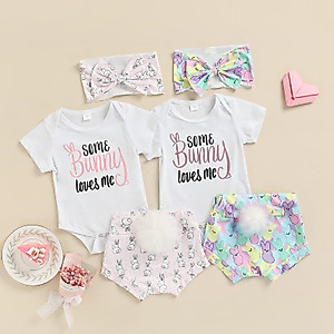 Guodeunh Newborn Baby Girl Easter Outfits Infant Letter Romper 3D Pompom Bunny Tail Shorts Headband 3PCS Rabbit Clothes (Purple- A, 3-6 Months)