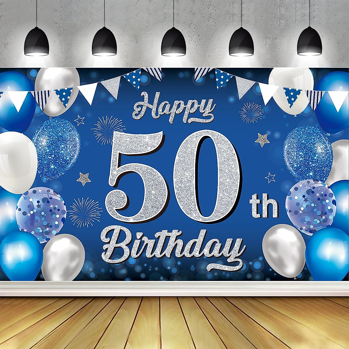 Happy 50th Birthday Banner Backdrop 50th Birthday Decorations for Men Blue and Silver, Happy 50th Birthday Yard Sign Banner Men for Indoor Outdoor 50 Years Old Birthday Party Decorations 6x4ft Fabric