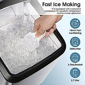 CROWNFUL Nugget Ice Maker Countertop, Makes 26lbs Crunchy ice in 24H, 3lbs Basket at a time, Portable Self-Cleaning Pebble Ice Machine, with Scoop and Basket for Home/Kitchen/Office/Bar