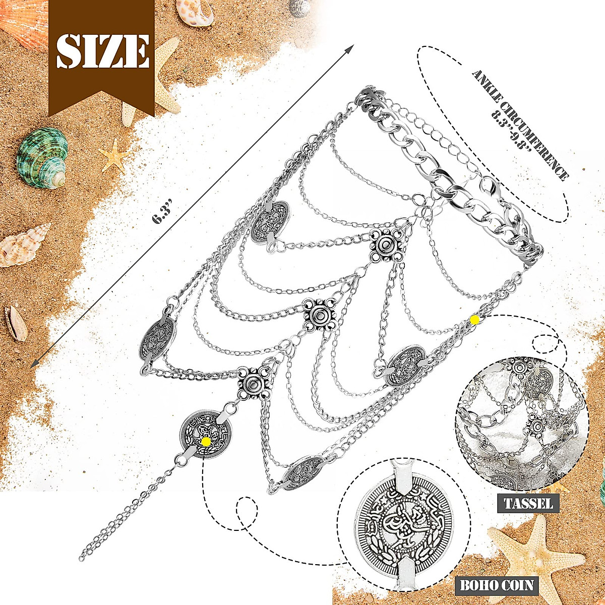 Tondiamo 4 Pairs Barefoot Sandals Foot Jewelry Beach Summer Tassels Anklet Chain Bracelet Wedding Multi Chain Boho Coin Anklet Bracelet for Women Accessories