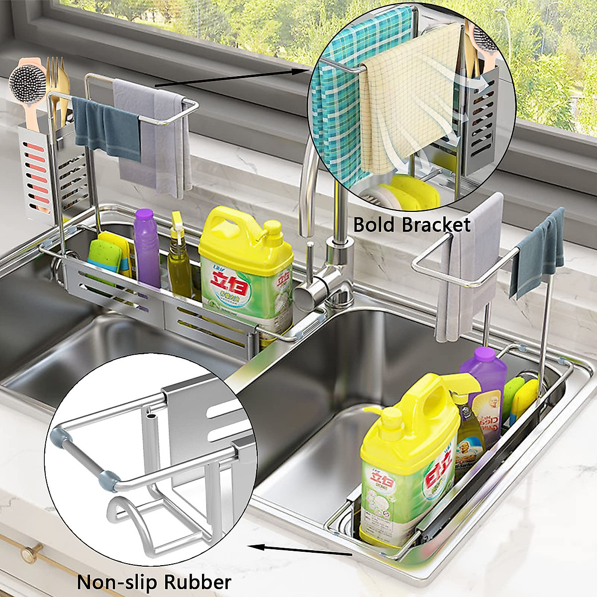 ParkNbuy Expandable Kitchen Sink Caddy Sponge Holder,Stainless Steel Telescopic Sink Storage Rack,Over Sink Adjustable Sponge Holder for Kitchen Sink with Dishcloth Towel Rack,Black