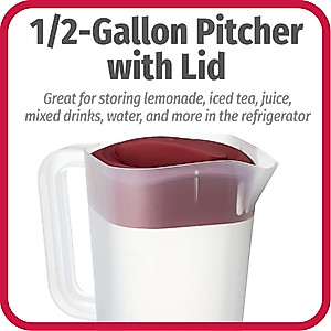 Good Cook 1/2 Gallon Plastic Straining Pitcher Square Lid with 3 Strainers and Close No Spill, Dishwasher Safe, Clear and Red