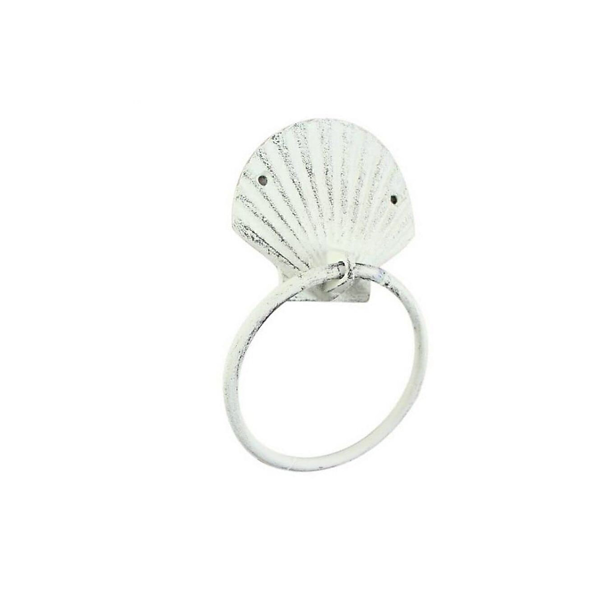 Rustic Whitewashed Cast Iron Seashell Towel Holder 8.5" - Seashell Home Decor -