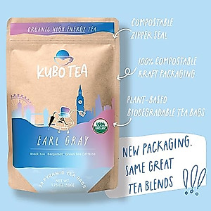Kubo Tea, Earl Grey Black Tea, Organic High Caffeine Blend, 20 Servings (155mg Caffeine each), Pyramid Tea Bags, Compostable & Biodegradable Packaging, Healthy Coffee Substitute