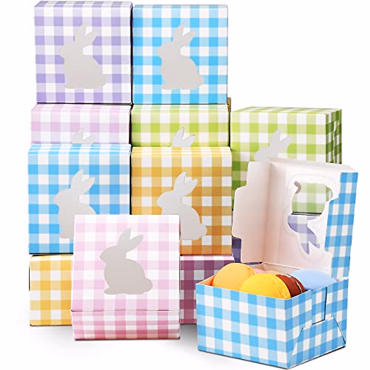 24 Pcs Easter Treat Boxes 5 Candy Colors Cardboard Box with Rabbit Bunny Shape Window Colorful Paper Easter Candy Box Easter Containers Cardboard Easter Cookie Basket Spring Easter Gift Boxes (Plaid)