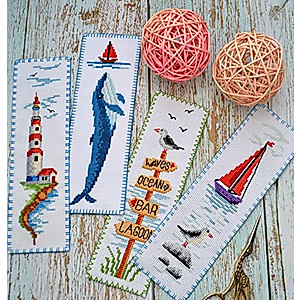 Beach Signs Cross Stitch Bookmark - Coastal Wood Signs Embroidery Set with Paper Pattern, 16 Count Aida Cloth and Pre-Sorted Floss