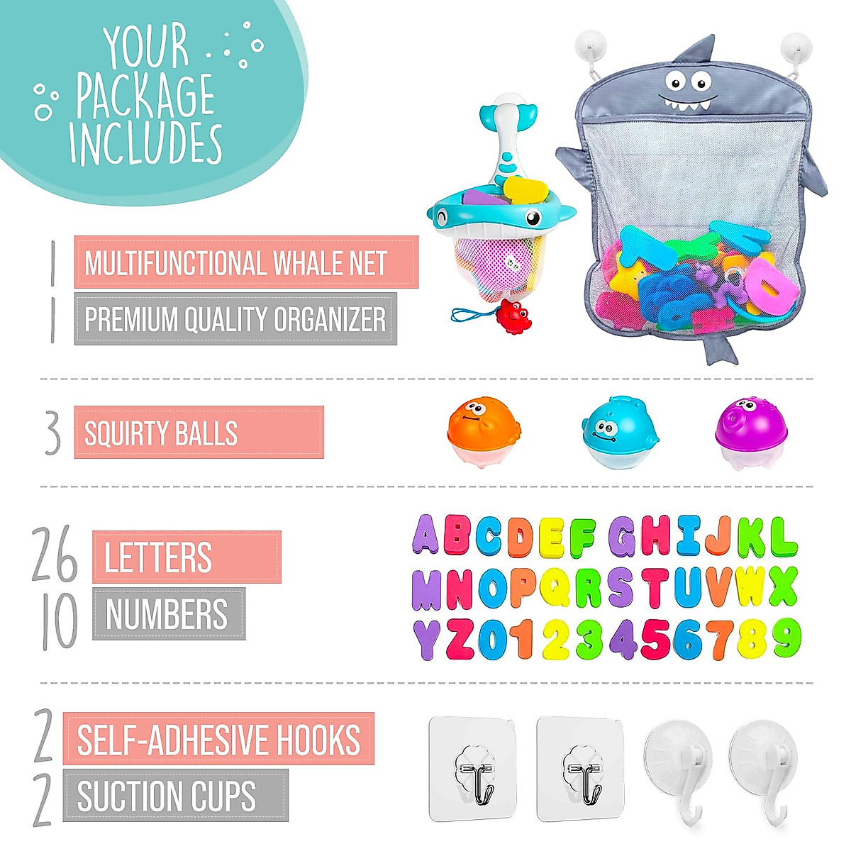 Comfylife Baby Bath Toy Organizer - Bath Toy Storage for Shower - Bathtub Toy Organizer Includes Foam Bath Toys (Numbers & Letters & Squirty Toys) + Extra Net That Doubles as a Toy