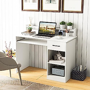 GOFLAME White Computer Desk, Home Office Desk with Large Drawers, Hutch, Keyboard Tray, 5-Position Adjustable Open Shelves, Easy Assembly, Writing Desk for Bedroom, Small Space, Living Room(White)