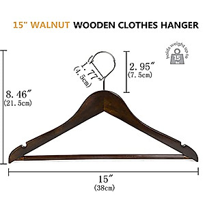 Amber Home 15" Walnut Wooden Clothes Hangers for Woman 20 Pack, Teenager Clothing Hangers for Shirt Jacket, Solid Wood Dress Coat Hangers with Non Slip Pants Bar (Walnut, 20)