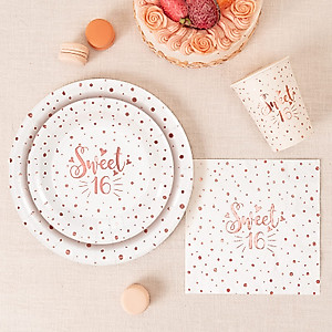 Crisky Rose Gold Sweet 16 Birthday Napkins Plates Cups Set for Girl 16th Birthday Party Decorations Supplies, Disposable Tableware Set of 24 (9" Plates, 7" Plates, Luncheon Napkins, 9oz Cups)