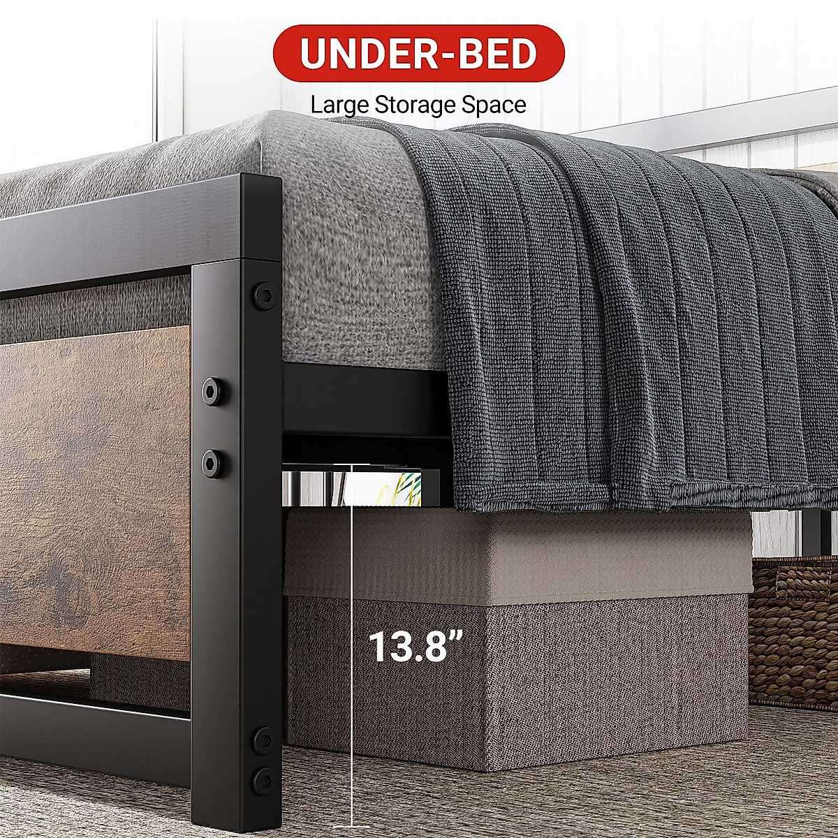 GarveeHome King Size Bed Frame, Industrial King Bed Platform with Headboard No Box Spring Needed, 14 Inch Easy Assemble King Mattress Bedframe, Retro Brown