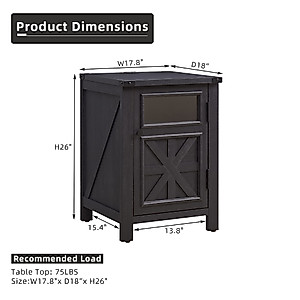 JXQTLINGMU Farmhouse End Table with Charging Station, 18'' Rustic Nightstand with Barn Door & Adjustable Shelf, Wooden Sofa Side Table with 3-Tier Storage for Living Room, Bedroom, Black