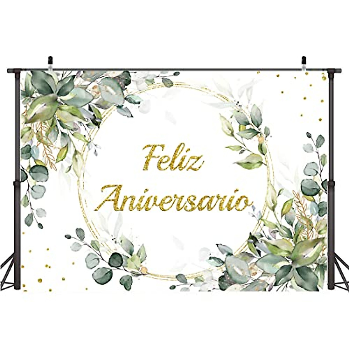 Lofaris Feliz Aniversario Backdrop for Photography Green Leaves Shinning Dots Gold Ring Mexican Happy Anniversary Decorations Supplies Floral Cake Table Banner Photo Booth Props 7x5ft