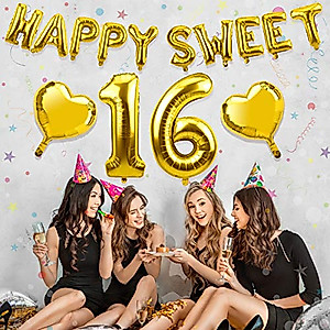 Lnlofen Happy Sweet 16 Balloon Banner with 2 Heart Foil - Gold 16th Birthday Party Decorations - Happy Sixteen Party Decorations Supplies