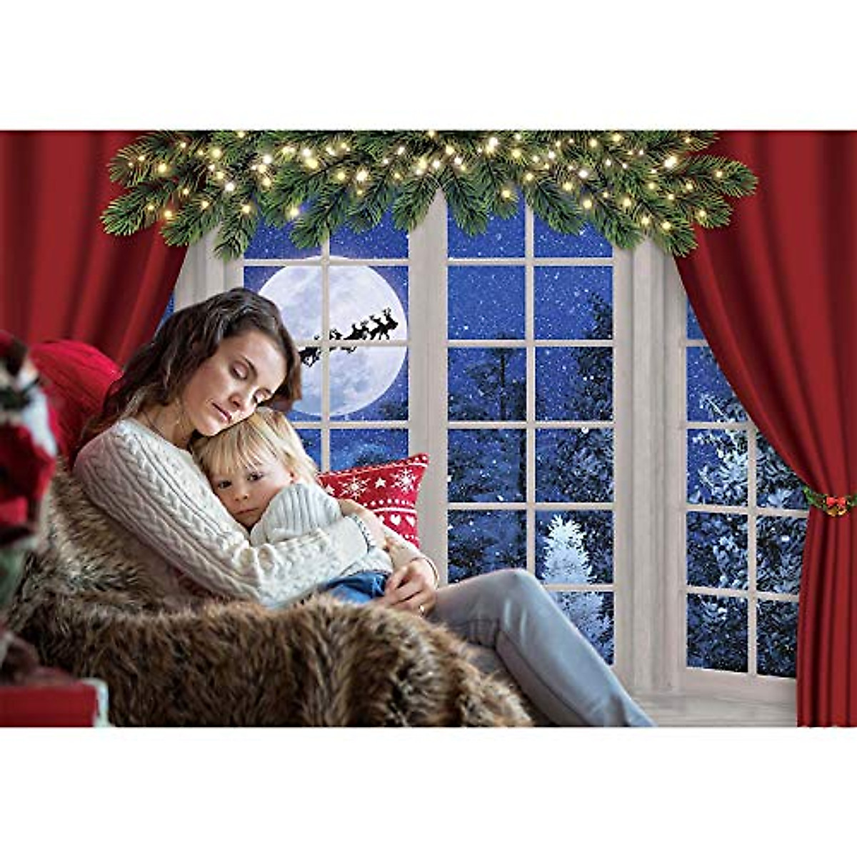 Allenjoy 8x6ft Christmas Window Photography Backdrop Winter Wonderland Snow Tree Starry Sky Moon Reindeer Santa Xmas Photocall Background Party Banner Decor Baby Kids Family Photo Shoot Booth Props