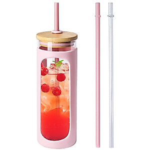 Kodrine 24 oz Glass Water Bottle with Bamboo Straw and Lid, Wide Mouth Water Tumbler,Straw Silicone Protective Sleeve BPA FREE-Pink