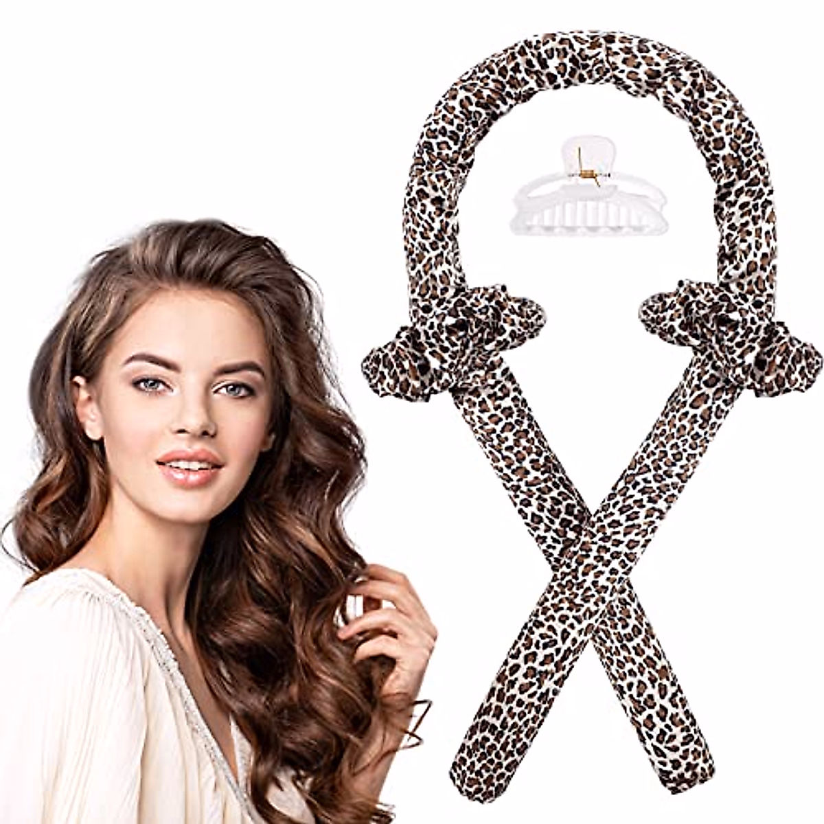 Heatless Curling Rod Headband, IENIN No Heat Curlers Hair Rollers to Sleep in Curl Ribbon with Scrunchies Hair Clips Overnight Hair Curlers for Women Long Hair Styling Tools(Leopard)