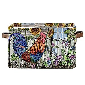 TropicalLife Rectangular Storage Bin Cube Animal Rooster Foldable Organizer Basket with Handles, Sunflower Floral Farm Collapsible Storage Box for Kids Toy Shelf Closet Nursery