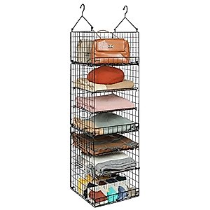 Yuyetuyo 7-Shelf Adjustable Hanging Closet Organizer, Wall Mount Clothes Shelves with 6 Adjustable Dividers for Socks Clothing Sweaters Shoes Handbags,Black