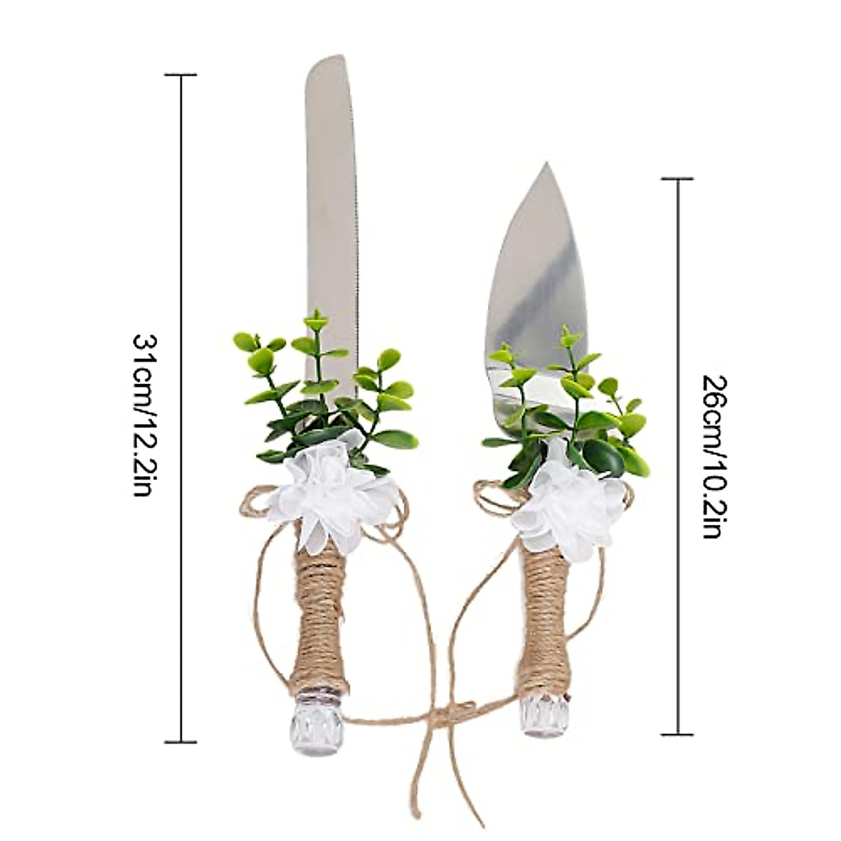 BestAlice Ceremony Wedding Cake Knife And Server Set, Rustic Cake Cutting And Serving Set, Silver Cake Cutting Set with Eucalyptus Leaves Burlap Lace And Rose for Wedding Birthday Party (White Rose)