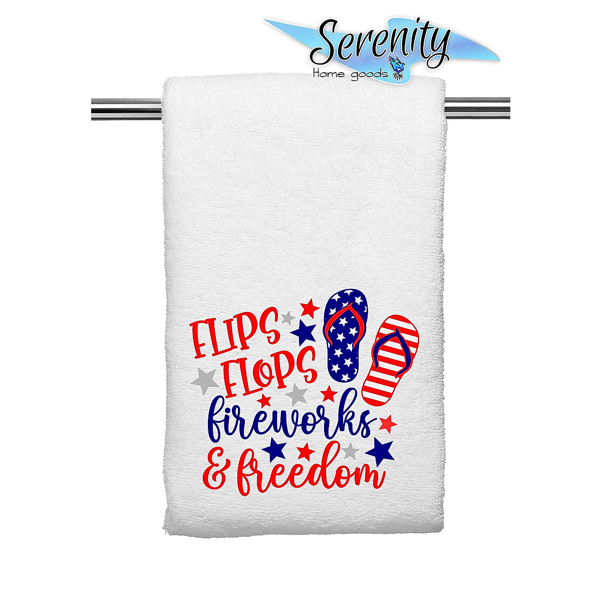 4th of July Summer Home Decor Decorative Kitchen and Bath Hand Towels | Flip Flops Fireworks Freedom | Red White and Blue Towel Home Holiday USA Decorations