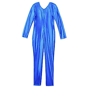 easyforever Kids Girls One Piece Long Sleeves Full Body Footless Gymnastics Ballet Dance Leotard Jumpsuit Royal Blue Shiny Metallic 4 Years