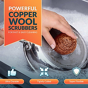 PAMI Heavy-Duty Copper Scrubbing Pads - Copper Wool Pad Dish Scrubbers for Dirt, Grease & Grime- Metal Scrubber Sponges for Kitchen & Bathroom- Copper Scouring Pads for Pots & Pans (4)