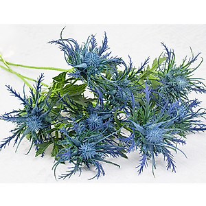 LUZOGA 3 Branch Blue Artificial Thistle Flower Bouquet for Home Wedding Centerpiece Kitchen Office Garden Decor