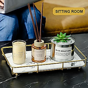 Dobbyby Vanity Tray Makeup Organizer Cosmetics Storage Bathroom Skincare Organizer Countertop Display Rack in Dresser Stainless Steel Shelf Marble Print Ceramic Trays