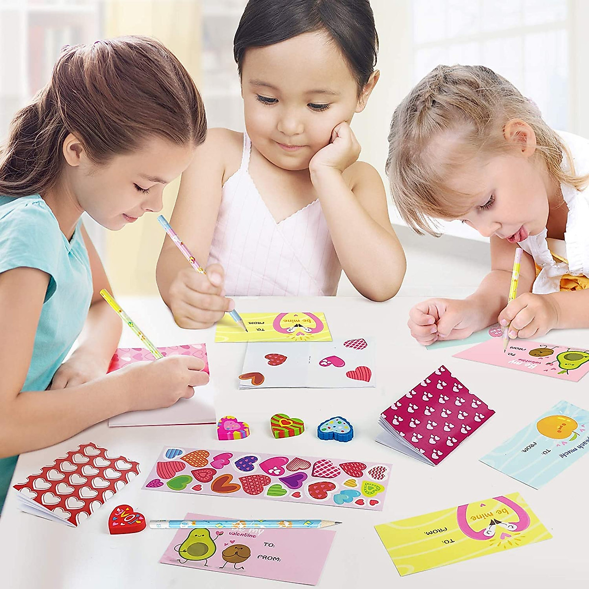 28 Pack Assorted Valentines Day Stationery Kids Gift Set, for Valentine Card Classroom Exchange Cards, Class Kid Pencil Eraser Notepad Sticker Bag, Pencils Bulk Pack Goodie Set, Toys Treats