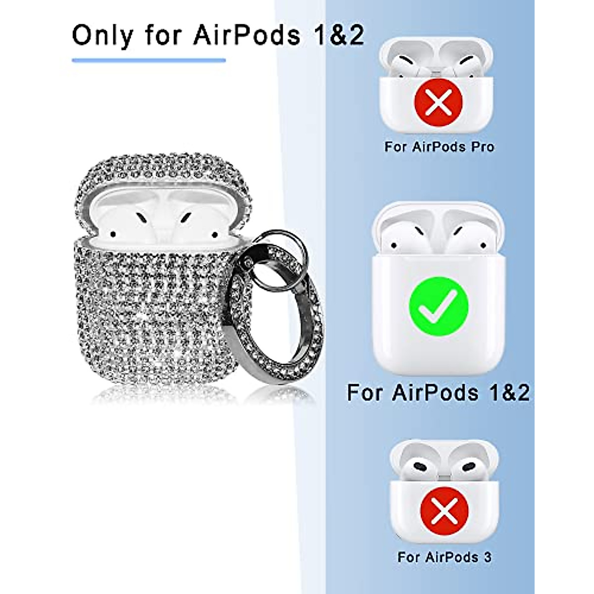 4in1 Bling for AirPod Case Diamonds Cover Set Kit, Luxurious Rhinestone PC for AirPods 2/1 Case Accessories for Women Girl w/Cute Fur Ball Pompom Keychain/Crystal Bracelet/Lobster Clasp Keychain