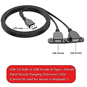 Guo USB Charging Extension Cable Male to Dual Female, USB 2.0 Charging Port 1 to 2 Panel Mount with Screw Hole, Used for Furniture/Mobile Phones/Portable Power and More(5FT/1.5m)