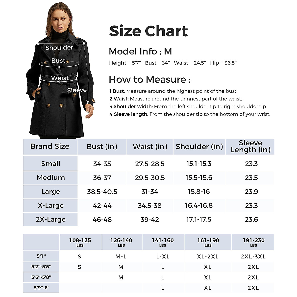 wantdo Women's Double Breasted Pea Coat Winter Jacket with Belt Black Small
