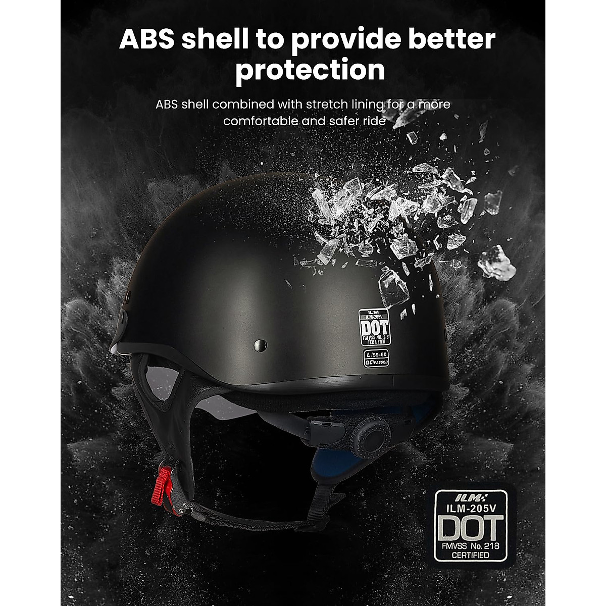 ILM Half Helmet Motorcycle Open Face Sun Visor Quick Release Buckle DOT Approved Cycling Motocross Suits Men Women Model-205V (L, Matt Black)