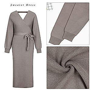 Pink Queen Womens V Neck Sweater Wrap Dresses Batwing Sleeve Sexy Backless Bodycon Slit Maxi Knit Dress with Belt Khaki L