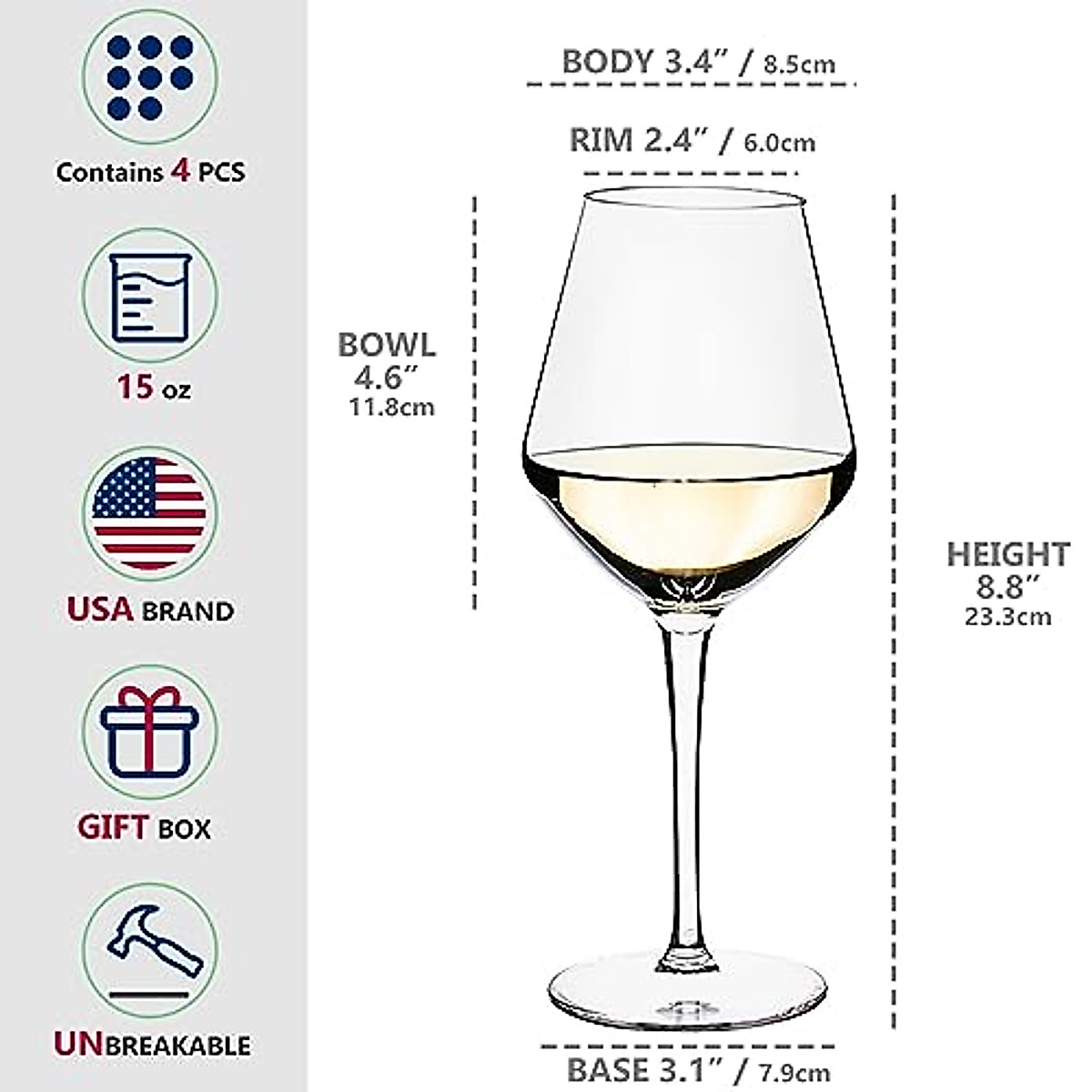 Plastic Wine Glasses Set of 4(15oz) |Unbreakable Wine Glasses with Stem|100% Tritan & BPA Free |Dishwasher Safe| Awesome For Pool, Beach, Travel, Pool, Camping, Beach, Picnic, Everyday Use.