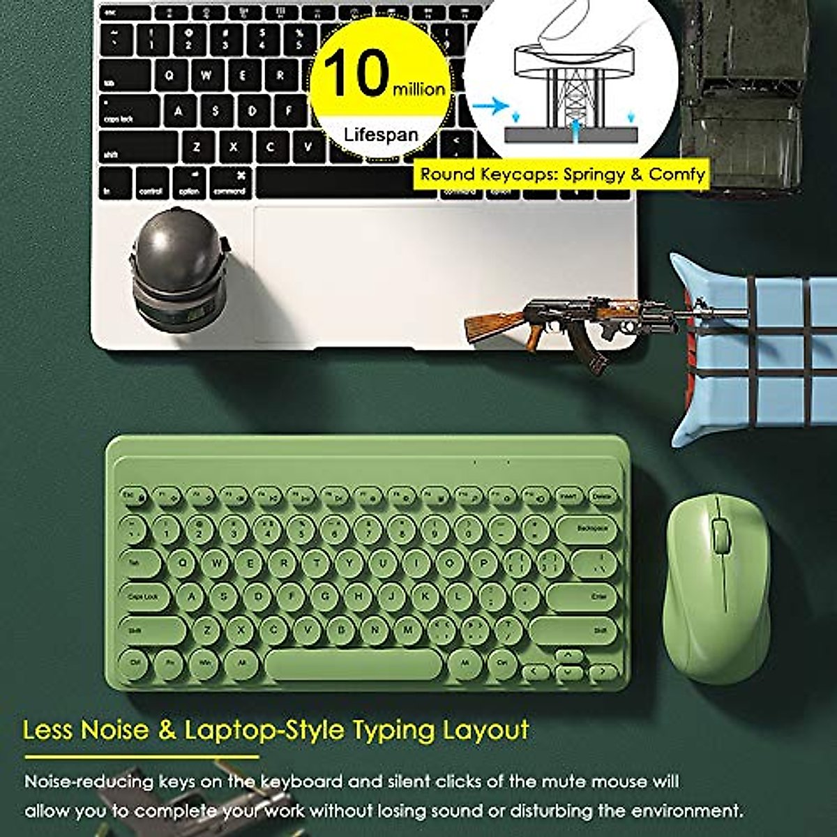 Fashion Wireless Keyboard and Mouse Combo, USB Cordless Cute Round Key Smart Power-Saving Ultra Slim Combo for Laptop, PC, Computer and Desktop (Crocodile Green)