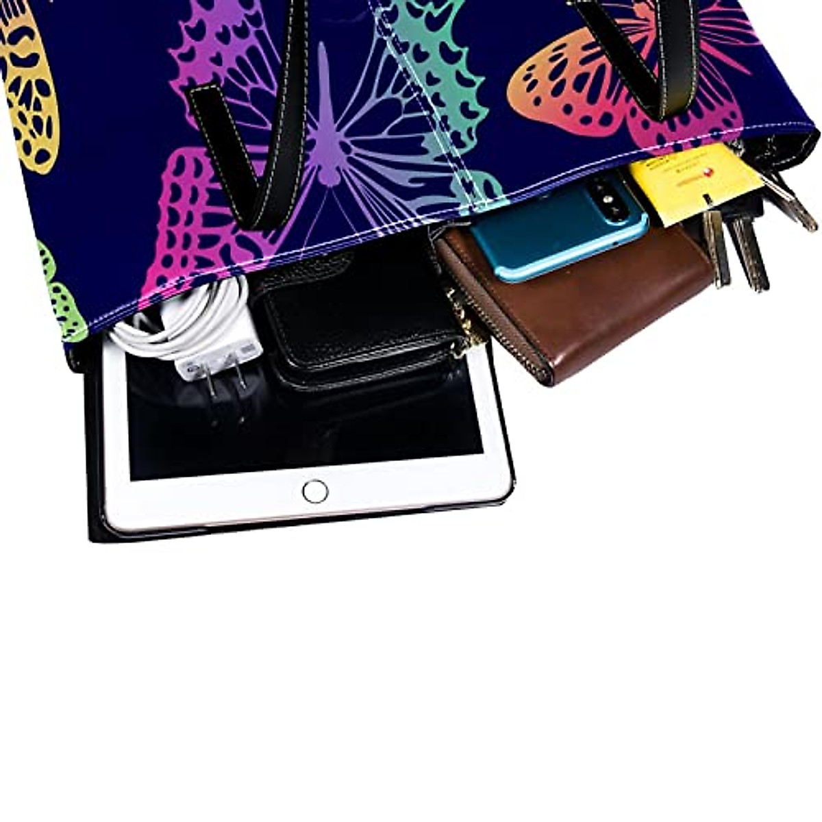 Women Tote Shoulder Bag, Colorful Butterflies Leather Work Handbag with Zipper for Teens College Students