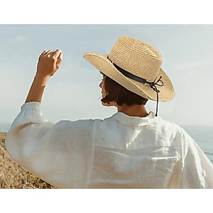 Packable Women's Straw Fedora Western Hat Outback, Beach Cowboy Cowgirl Hat, Beaded Shapeable Brim UV Protection Sun Hat Khaki