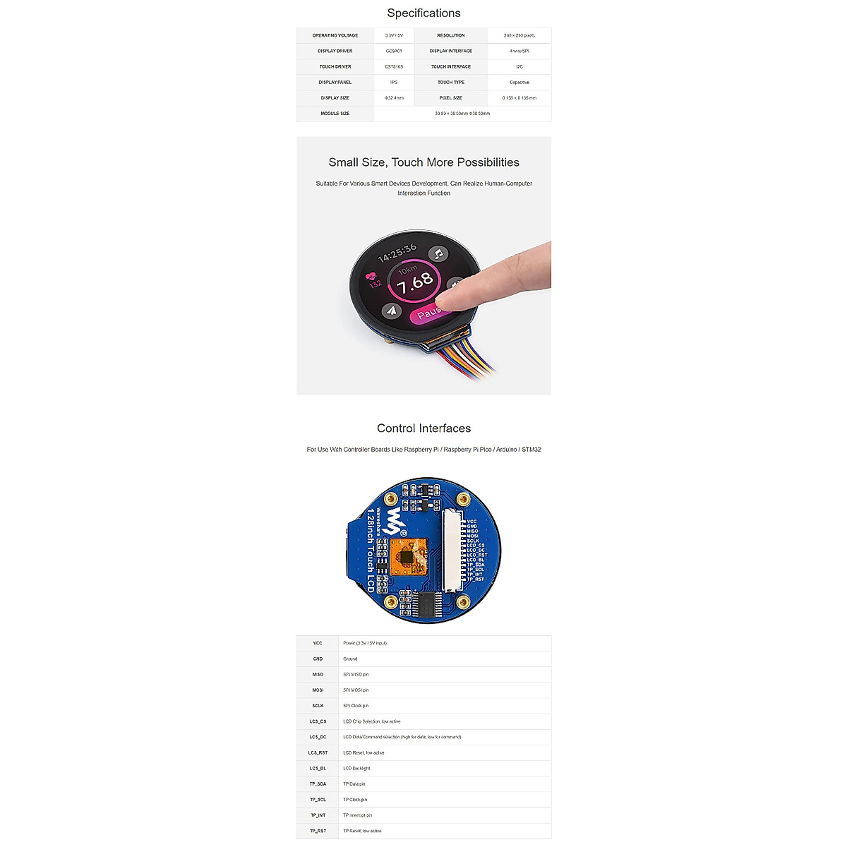 Coolwell 1.28inch Round LCD with Touch Panel for Raspberry Pi 4B+ 4B 3B+ 3B 2B+ Zero W WH 2 W Pico 240×240 IPS Display Module SPI and I2C Embedded GC9A01 Driver