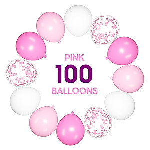 OWill 100pcs Balloons Pink White and Confetti 12 Inches Pink Latex Balloons, Pink Confetti Balloons for Birthday Baby Shower Wedding Party Supplies Arch Garland Decoration