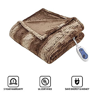 Beautyrest Zuri Reversible Faux Fur to Mink Electric Blanket, Auto Shut Off, Virtually Zero EMF, Multi Heat Setting, UL Certified, Machine Washable, Tan Tip Dye Throw 50x70"