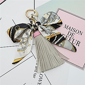 QTMY Silk Ribbon Bow Tassel Bag Pendant Charm Keyring Keychain for Women Purse Handbag Decor (Gray)