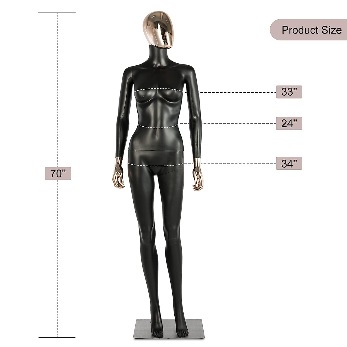 Female Mannequin Full Body Black- 70'' Mannequin Dress Form Display Full Body Adjustable Realistic Manikin Torso Stand (Black+Golden)