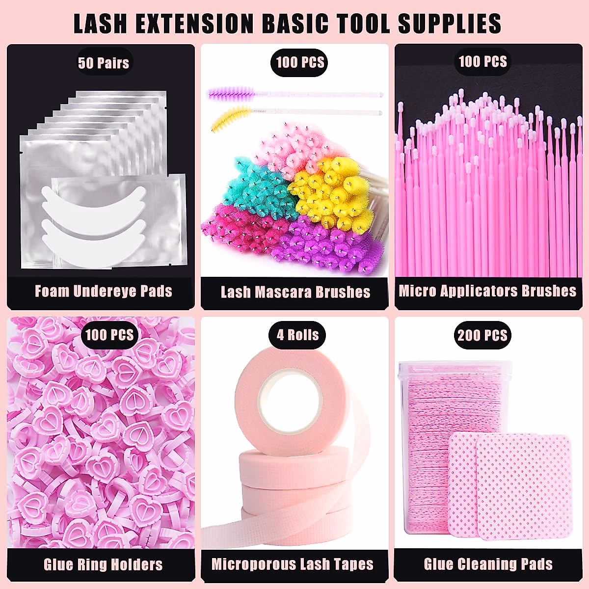 554 PCS Professional Lash Extension Supplies Kit with 50 Pairs Foam Lash Pads, 100 Lash Brushes,100 Micro Applicators, 100 Lash Glue Rings, 200 Glue Wipes, 4 Lash Tapes for Eyelash Extensions