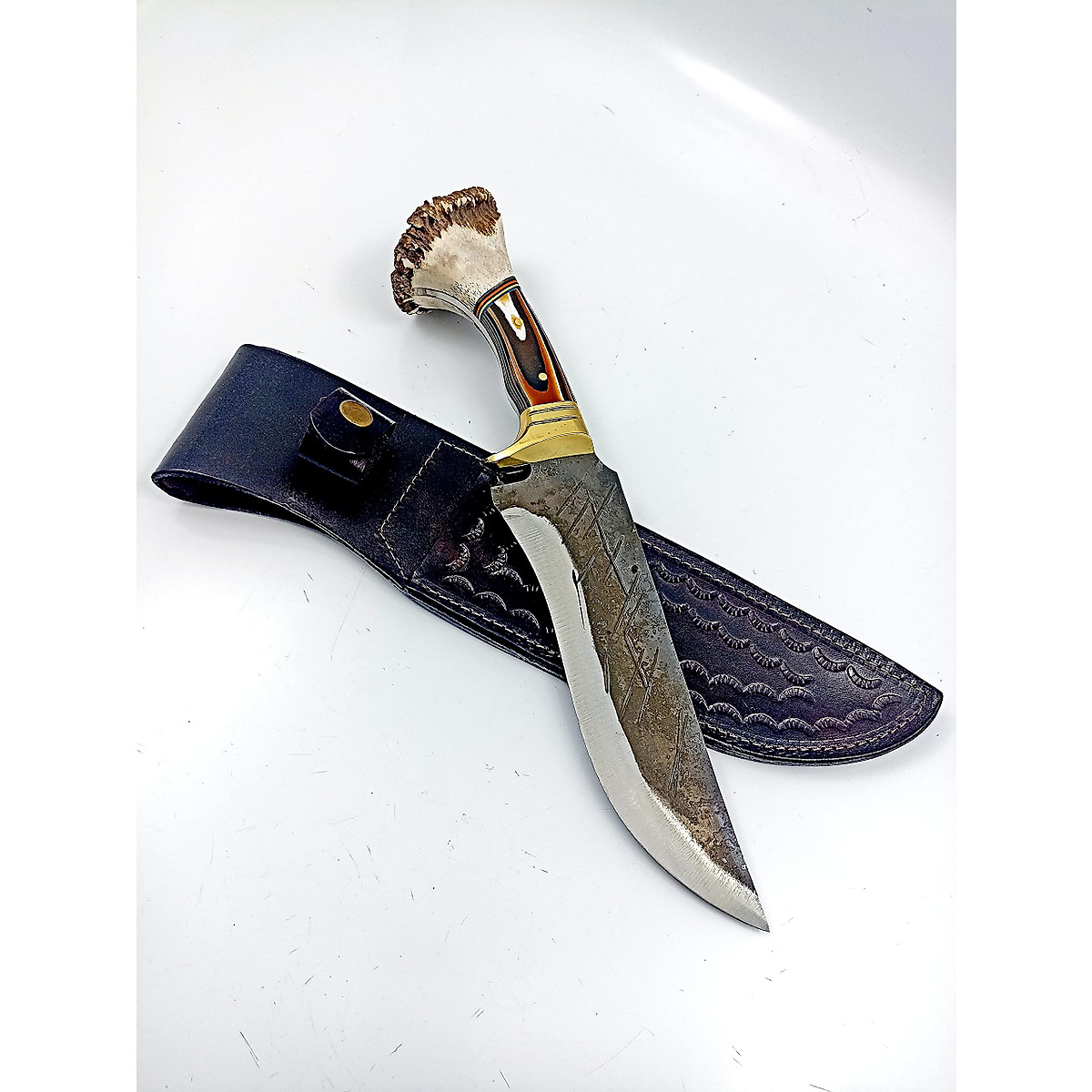 Antler Bowie Knife , 5160 Forged Steel Hunting Knife with Leather Case , Survival Knife , Camping Knife , Tactical Fixed Blade Knife , Collectible Knife , Collectors Knife