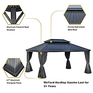 WeYard Hardtop Gazebo for Patios, Portofino 12’x16’, Permanent Alum-Frame & Steel-Structure Pergola, for Outdoor Relax/Grill/BBQ, with All-Sides Nettings, Curtains…
