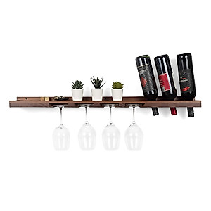 Rustic State Molise Wall Mount Wood Floating Wine Rack Stemware Holder Glassware Shelf Cork Storage Organizer for 3 Bottles and 4 Glasses - Home, Kitchen, Dining Room Bar Décor - Walnut