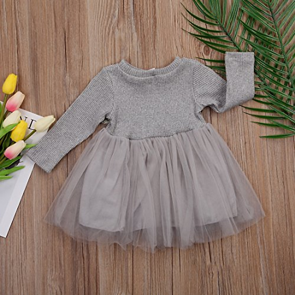 Mubineo Toddler Girl Long Sleeve Knit Dresses Baby Infant Flower Tutu Spring Fall Dress (Grey, 12-18 Months)